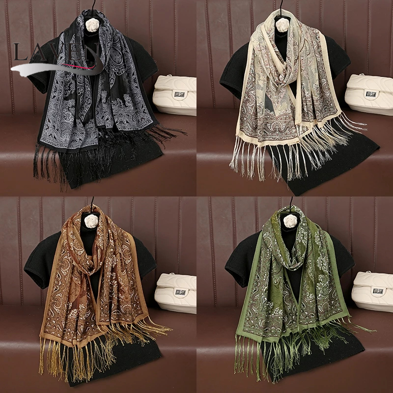 LAVEN Cashew Jacquard Ethnic Shawl Fashion Women Headscarf Lace Tassel ...