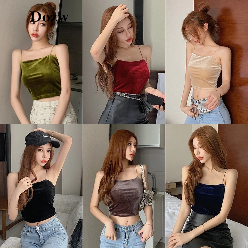 DOZW Sexy Spaghetti Straps Tank Top Velvet Short Crop 7 Colors Boob ...