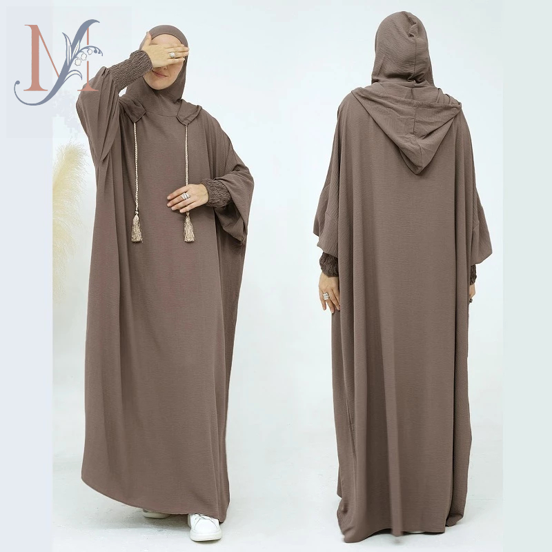 LMLAVEN Middle Eastern Hooded Muslim Abaya Dress Ice Silk Wrinkle Robe ...