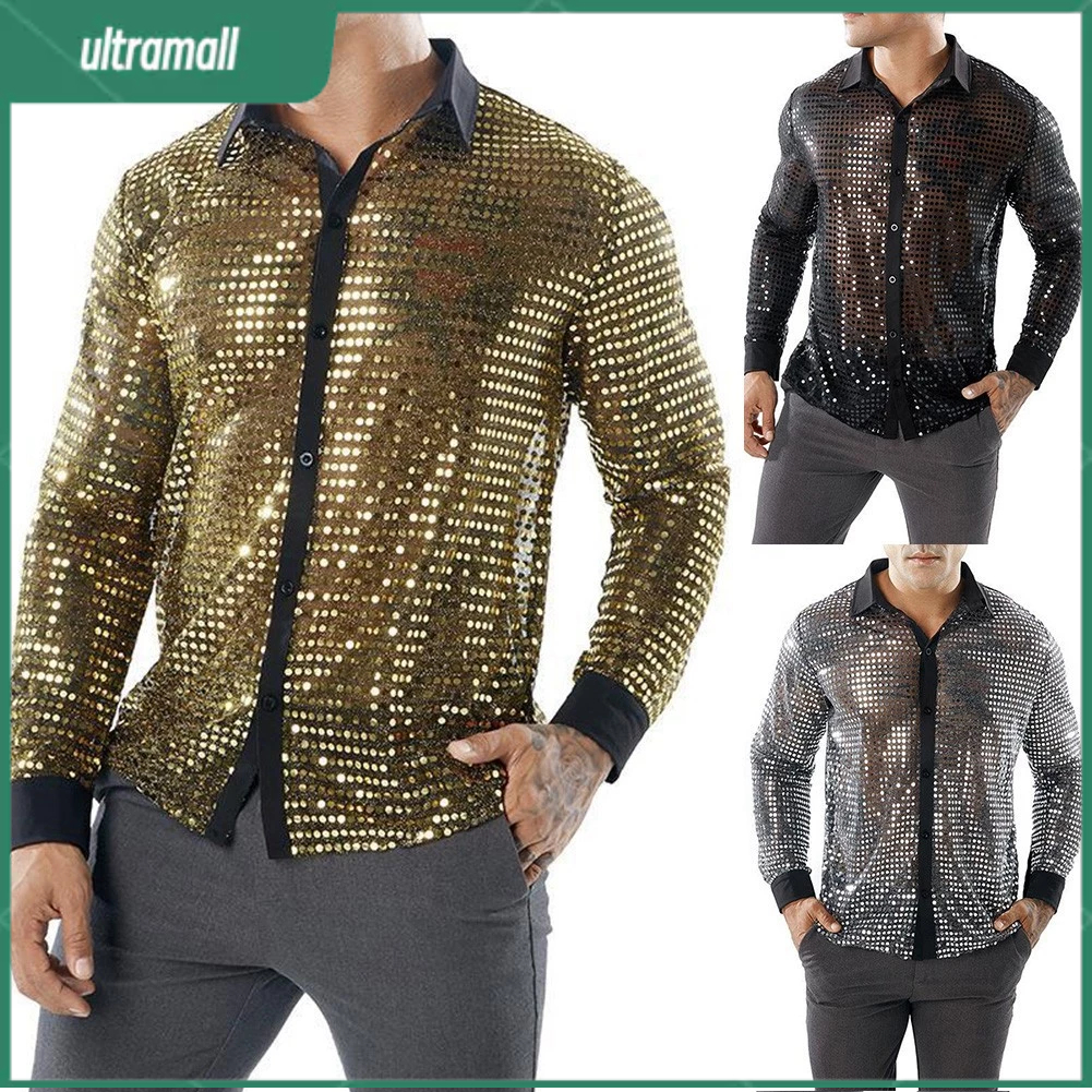 ULTRA| Mens Sparkly Sequins Party Dance Shirts Retro 70s Disco ...