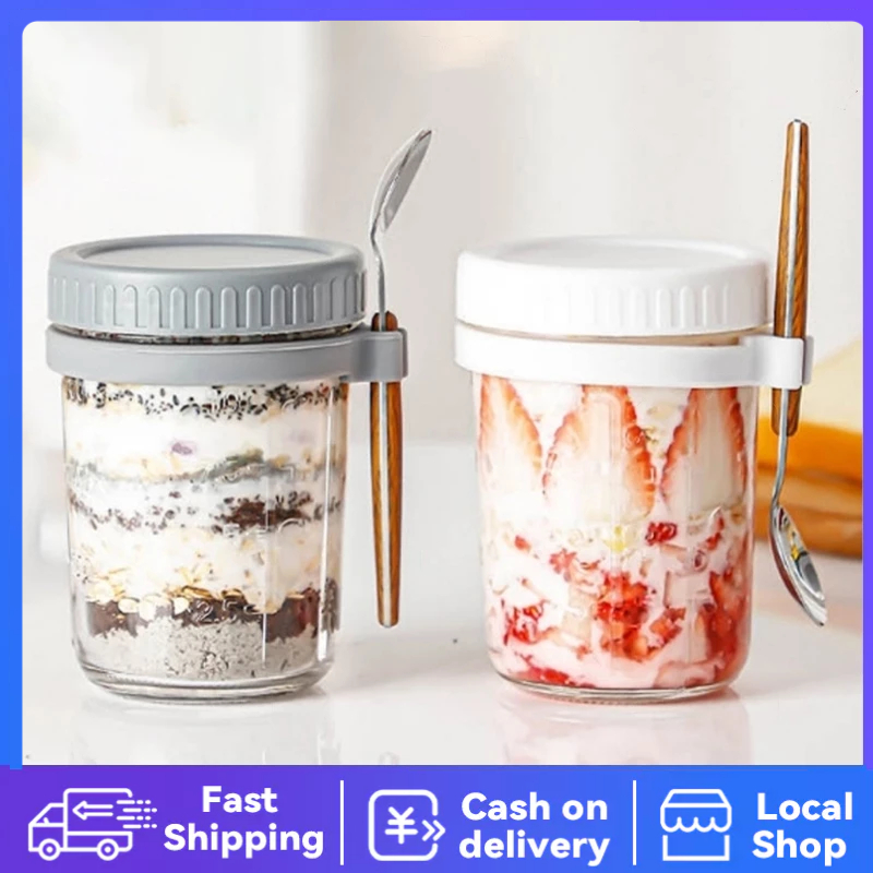 350ml Reusable Overnight Oats Jars with Spoon Airtight Oatmeal Cup Container with Measurement ...