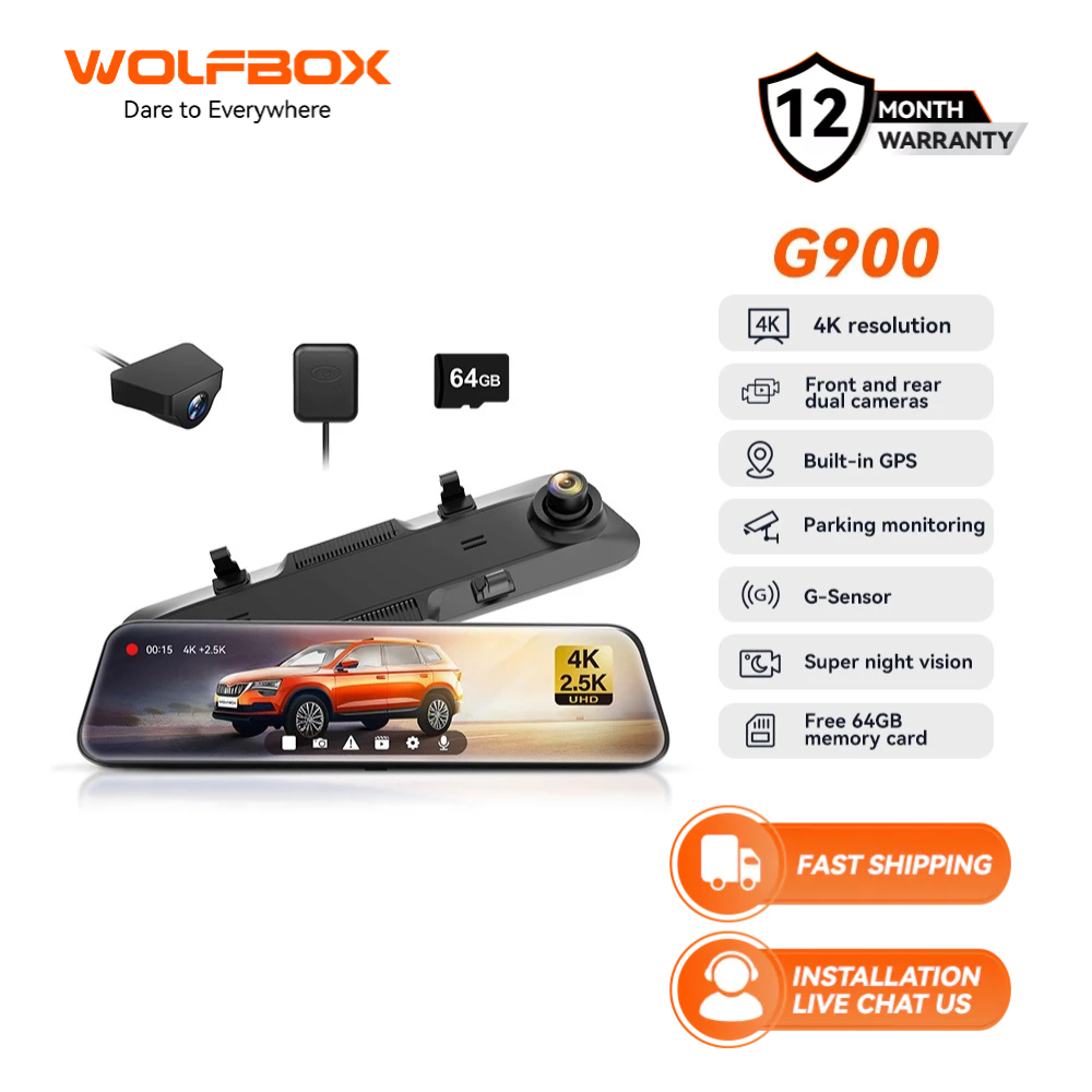 WOLFBOX G900 12'' 4K+2.5K Rearview Dash Cam, GPS, WDR, 170° FOV, Stream ...