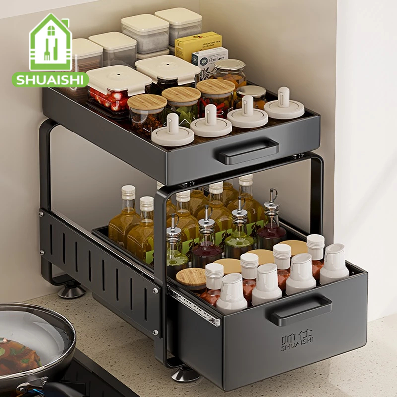 2-Tier Kitchen Organizer Rack Pullout Basket Sliding Rack Under Sink ...