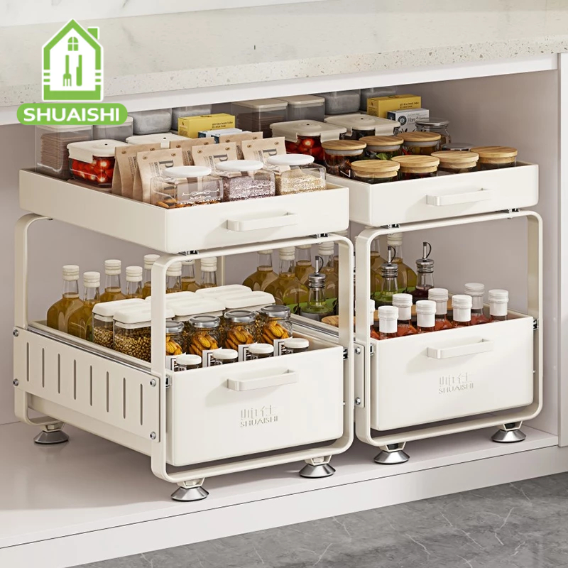 Pull Out Kitchen Organizer Storage Rack Durable Metal Double Layer ...