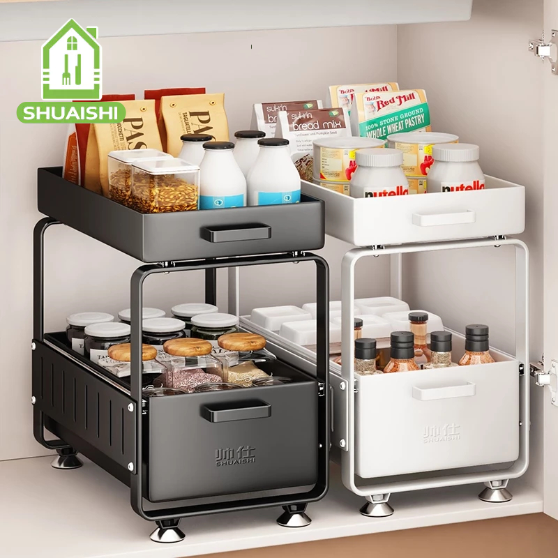 2-Tier Kitchen Organizer Rack Soft-close Steel Drawer Pullout Basket ...