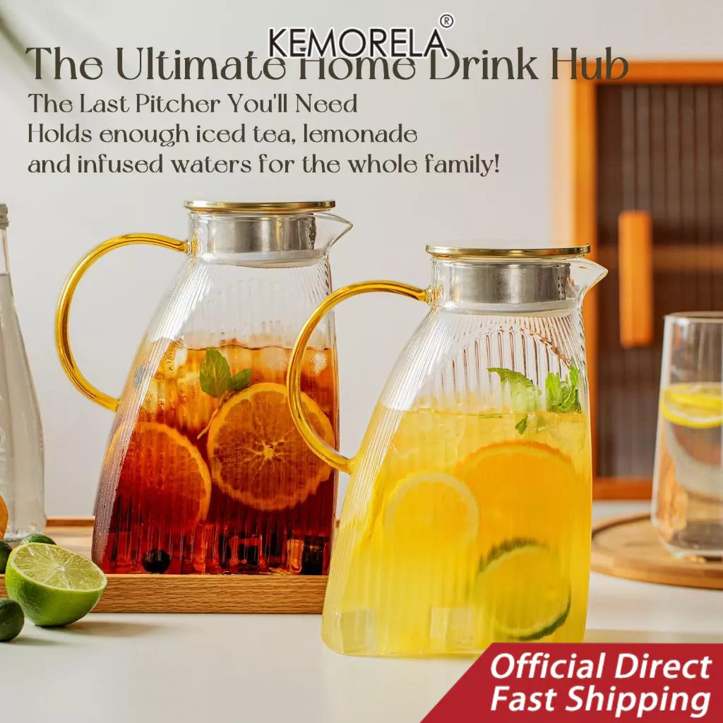 Water Pitcher Glass, 1.8L/63oz Fridge Door Pitcher with Stainless Steel ...