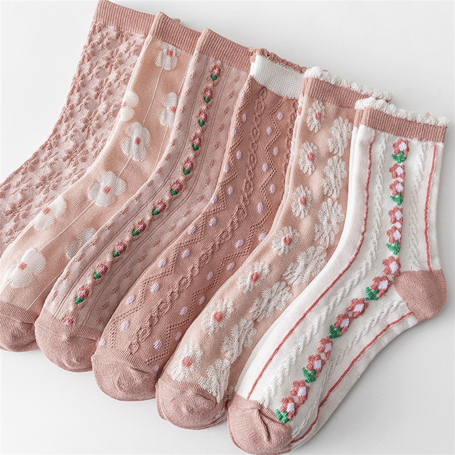 6 Pairs Female Cute Pink Socks Mid-tube Socks Embossed Flowers Court Style Women's Socks Four ...