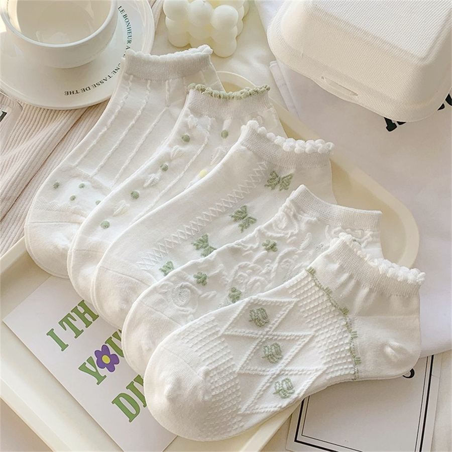 5 Pairs White Socks Women Fresh Mori Lace Socks Shallow Mouth Thin Cute ...
