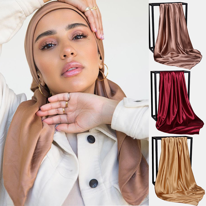 Solid Color Satin Ladies Large Square Scarf Muslim Headscarf 90cm Satin ...