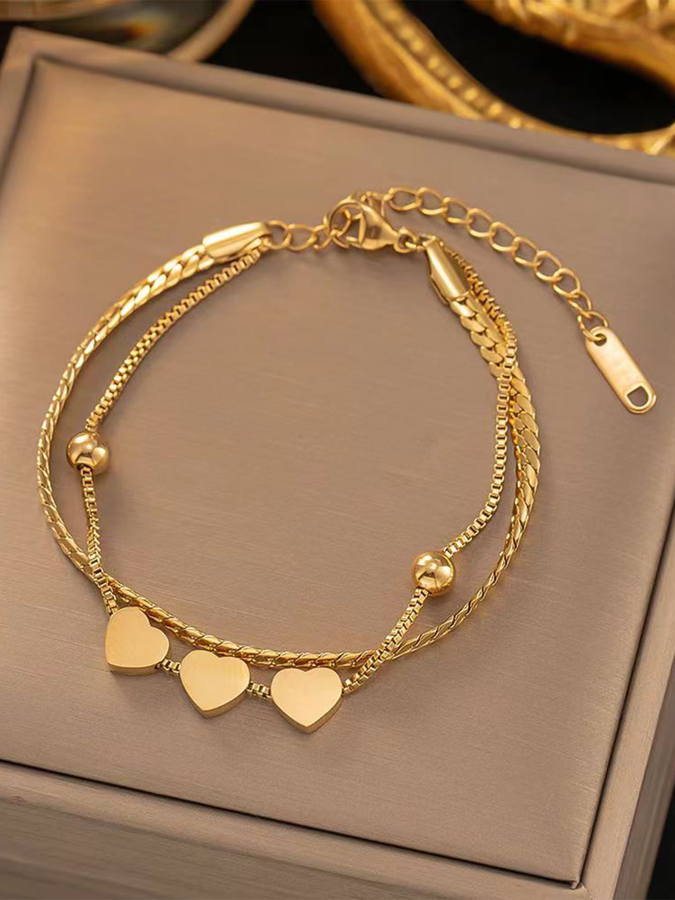 1pc Stainless Steel Fashionable Double-layered Heart Charm Bracelet ...