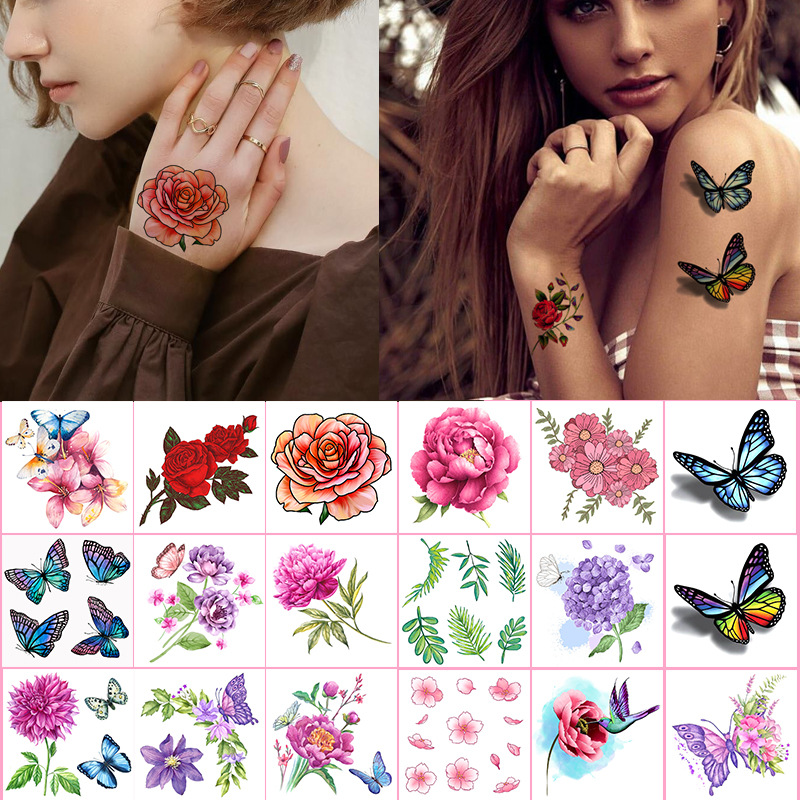 80 Pieces Flower Butterfly Tattoo Stickers Waterproof Long-Lasting ...