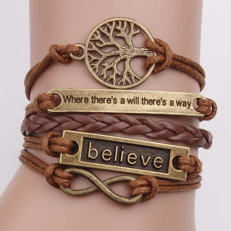A Sweet Cool Street Style Braided Leather Bracelet Bronze Tree of Life ...