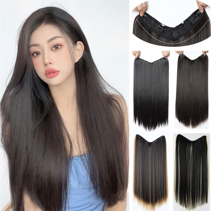 Long Straight Synthetic Hair 4Clips Clip In One Piece Hair Extension U ...