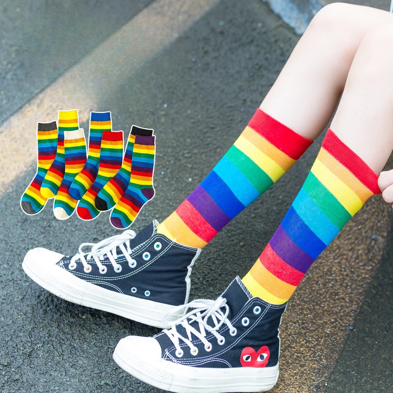 Rainbow Stockings Ladies Stitching Colorful Fashion All-Match Mid-Tube ...
