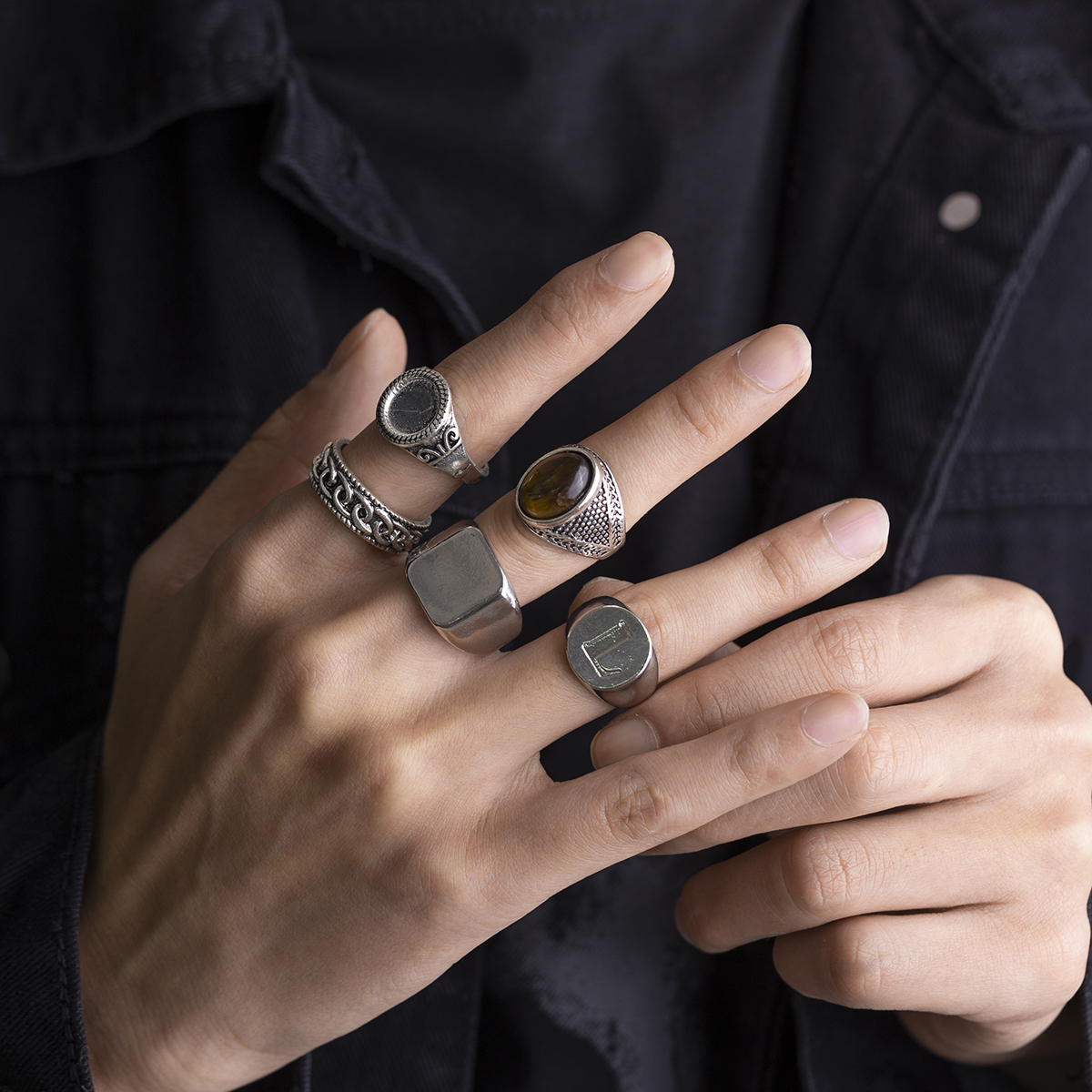 5 Pcs/Set Vintage Round and Square Geometric Rings for Men Trendy Cool ...