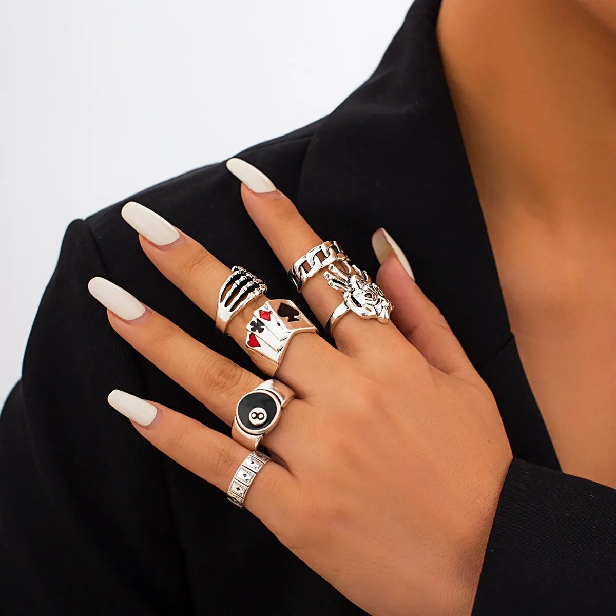 Halloween 6Pcs Punk Casino Poker Ring Set for Men Women Gothic Skull ...