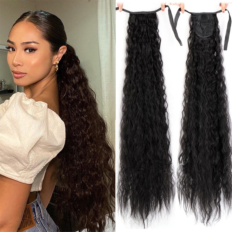 34 Inch Long Kinky Curly Ponytail Wig with Ribbon - Synthetic Hair ...
