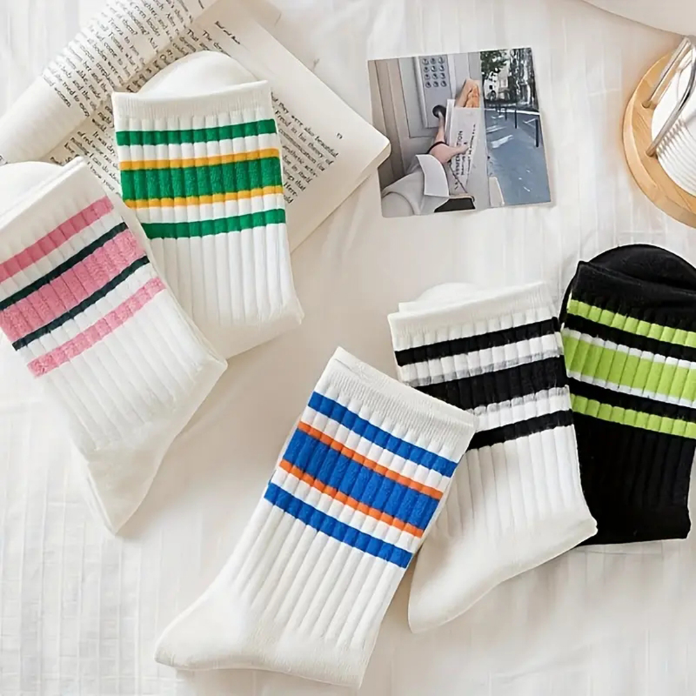 5 Pairs Striped women's mid length socks Instagram versatile sports ...