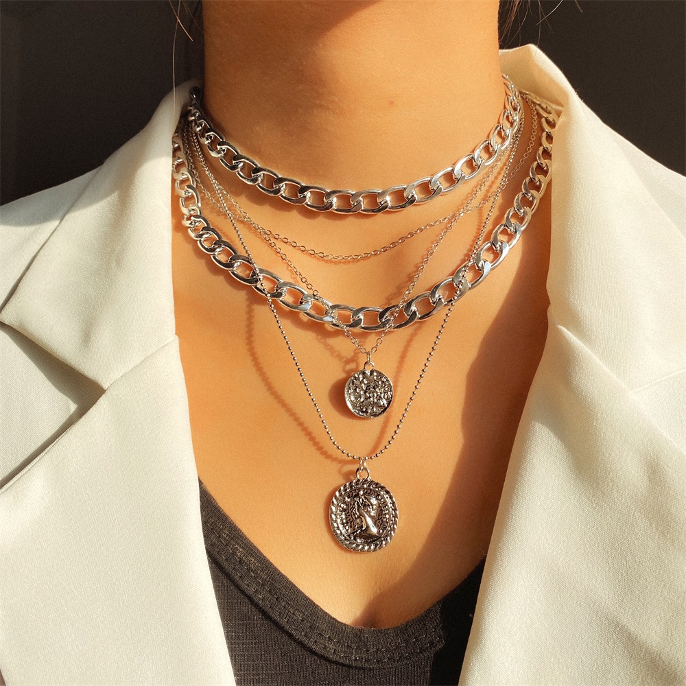 New Fashion Geometric Thick Chain Portrait Coin Multi-Layer Pendant ...