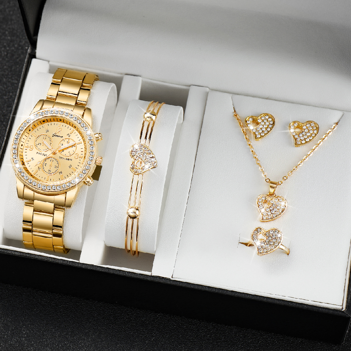 Luxury Rhinestone Watch and Bracelet Set for Women, 5-Piece Gold ...