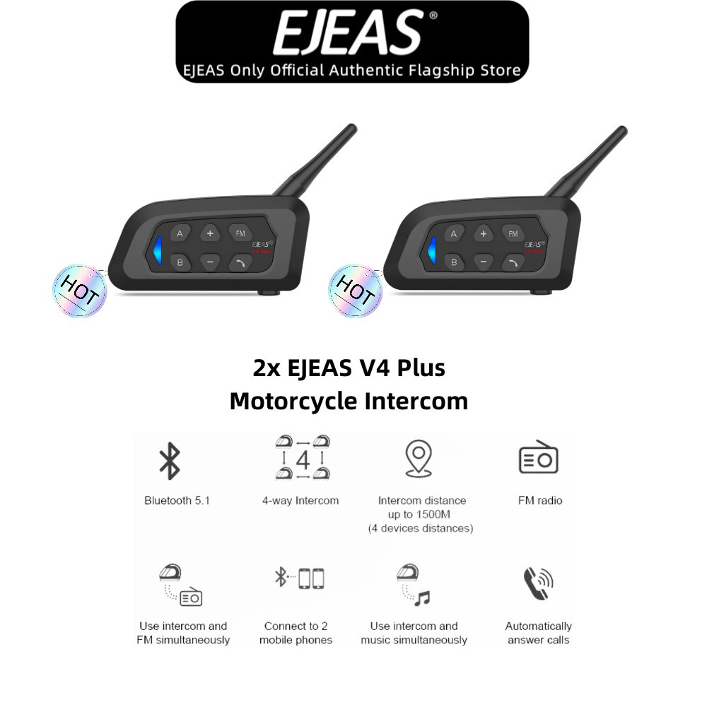EJEAS V4 Plus 2 Pack Intercom Bluetooth Helmet Motorcycle Headset 1500M ...
