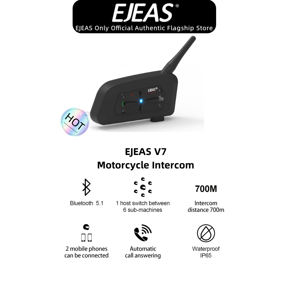 EJEAS V7 1 Pack Bluetooth Motorcycle Intercom Helmet Headset 7 Riders ...