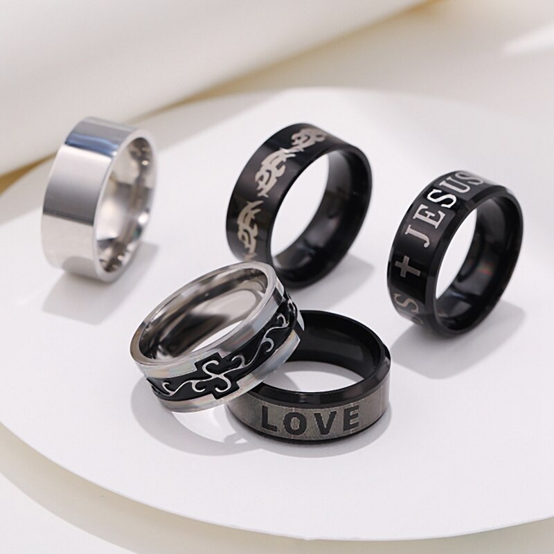 8mm Men's Stainless Steel Ring Black Love Jesus Rings Accessories ...