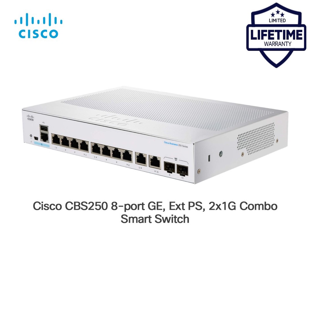 Cisco Cbs250 8 Port Ge Ext Ps 2x1g Combo Smart Unmanaged Switch