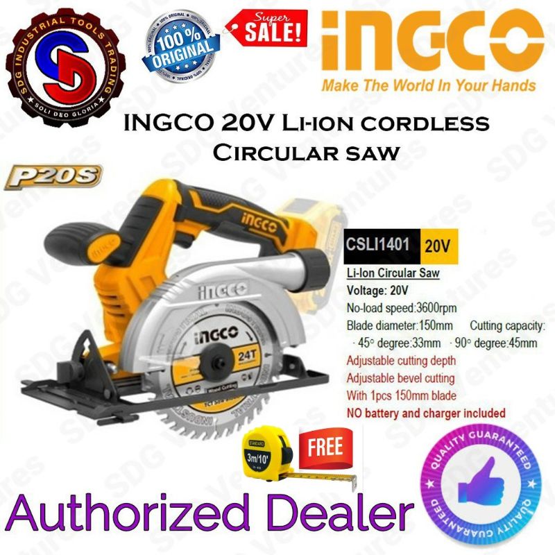 INGCO 20V Li-ion Cordless Circular Saw (CSLI1401) with FREE 3m ...