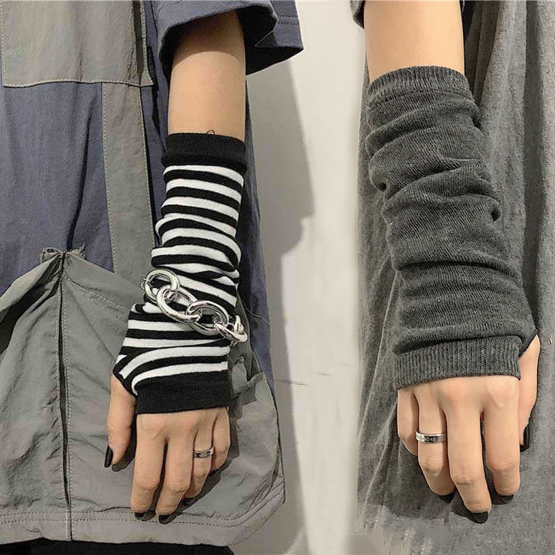 Anime Striped Arm Sleeve Gloves Punk Style Unisex Women Cotton Soft ...