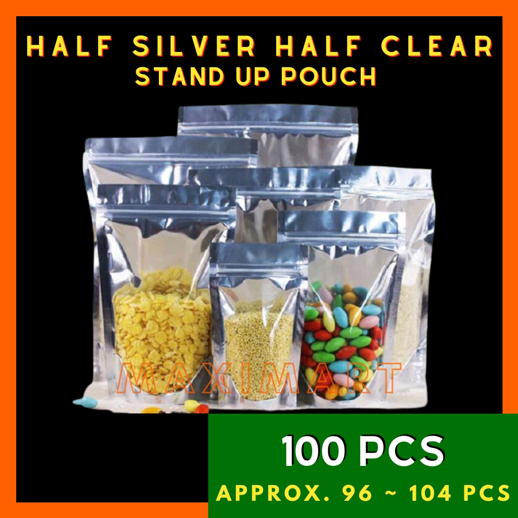 100 pcs Half Silver Aluminum Half Clear Stand Up Pouch with Zip Lock Packaging Ziplock ...