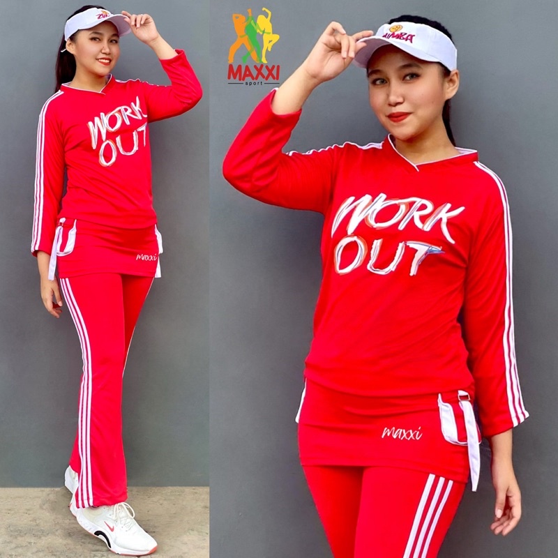 MERAH PUTIH Red White Tracksuit SET WORKOUT Skirt Suit Zumba Aerobics ...