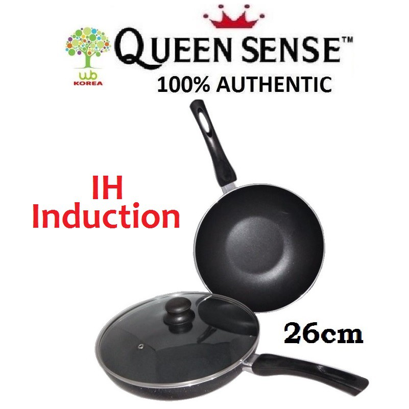 QUEEN SENSE Induction Shine Set Fry Pan and Wok Pan with Glass Lid 26cm ...