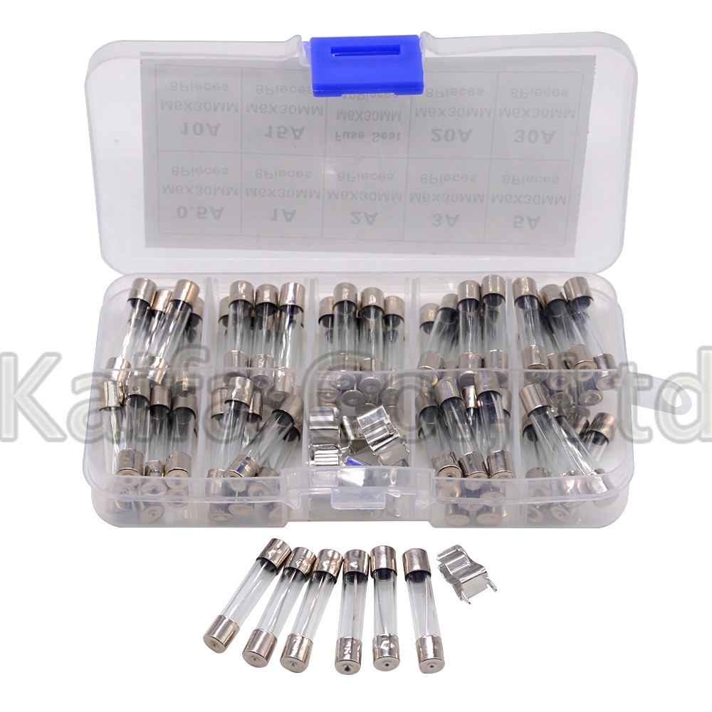 72Pcs/lot 6*30mm Quick Blow Glass Tube Fuse Assorted Kit Fast Blow Glass Fuses 250V (0.5A-30A ...