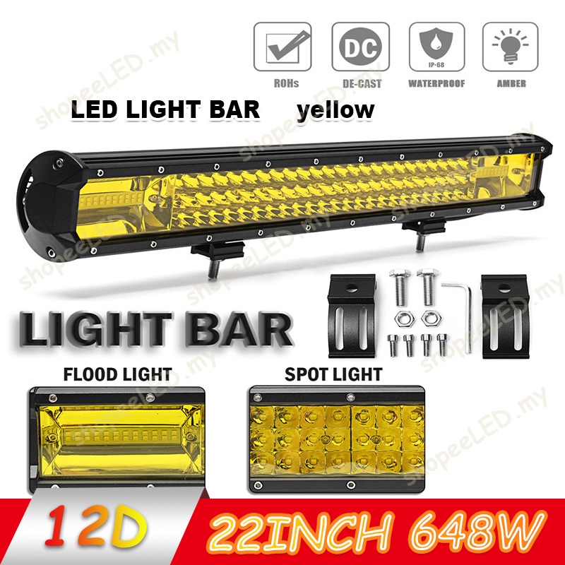 Yellow LED Light Bar 22'' Inch 648W Triple Rows Work Light 24V For Car ...