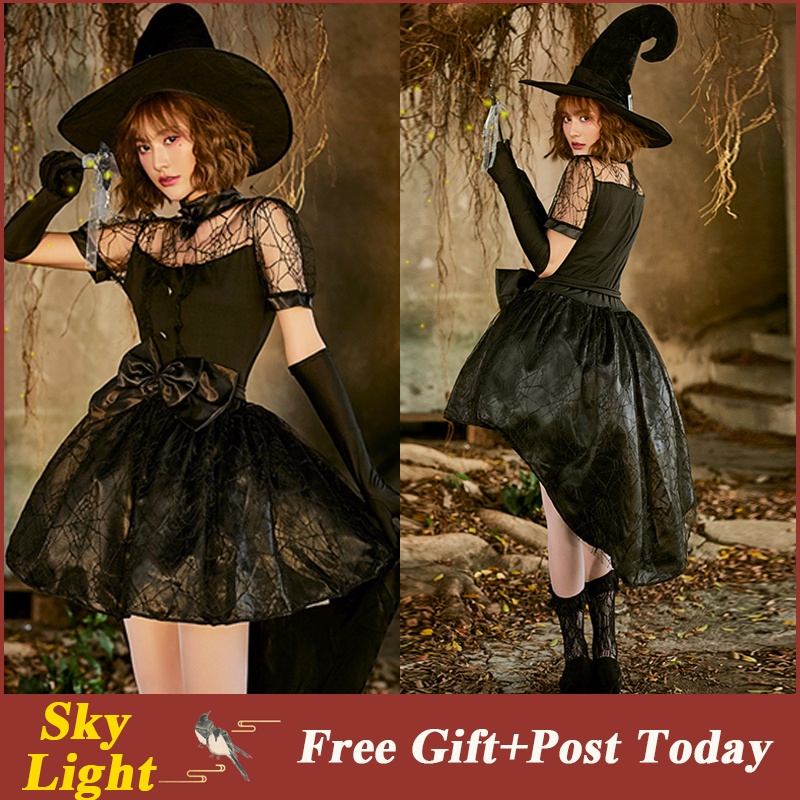 Black Sexy Mesh Hollow Witch Costume Halloween Party Wear Adult Fantasy ...