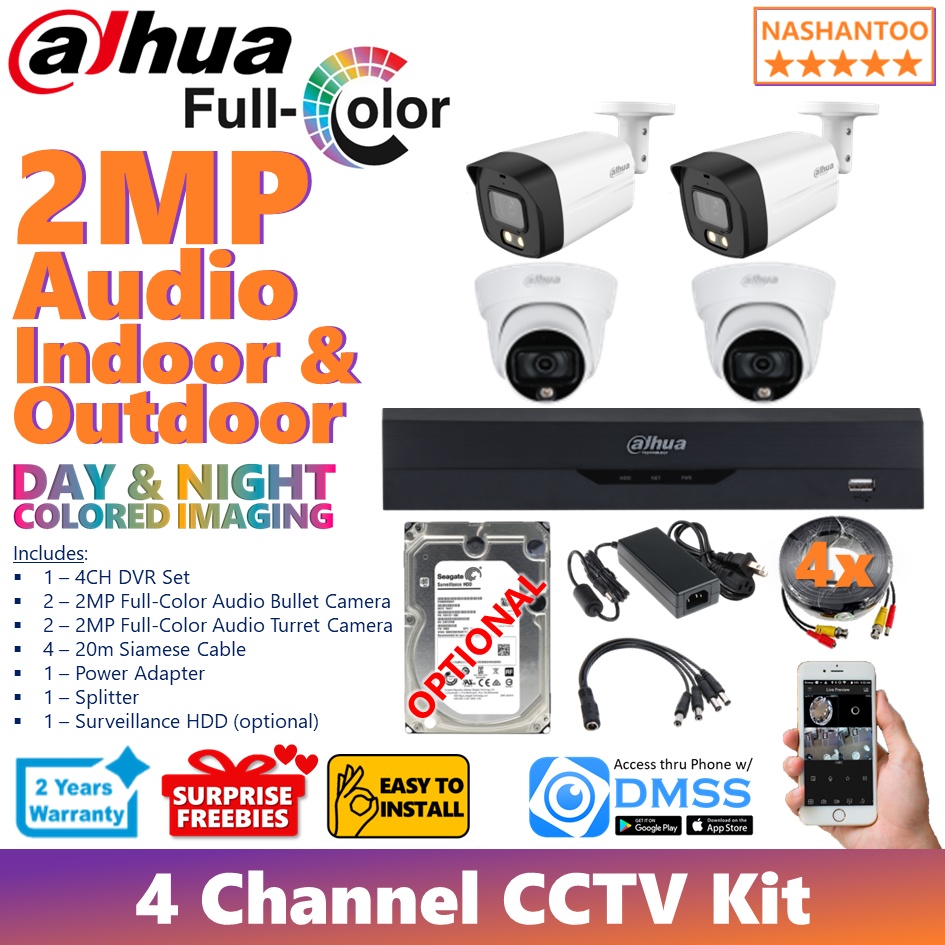 Dahua 4CH 2MP Full-Color Audio 4Camera Outdoor DIY CCTV Package Kit DH ...