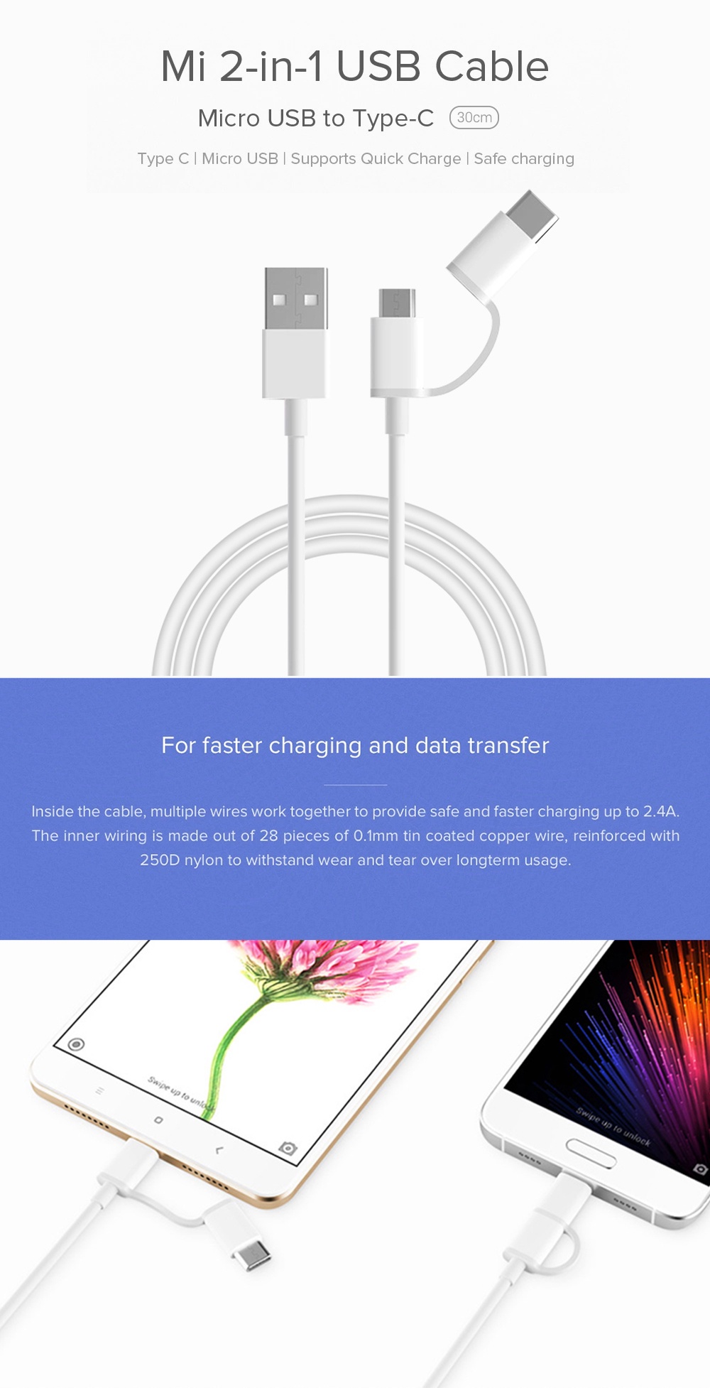 Xiaomi Mi 2 in 1 USB Cable | Micro-USB To Type-C | 100cm Length ...