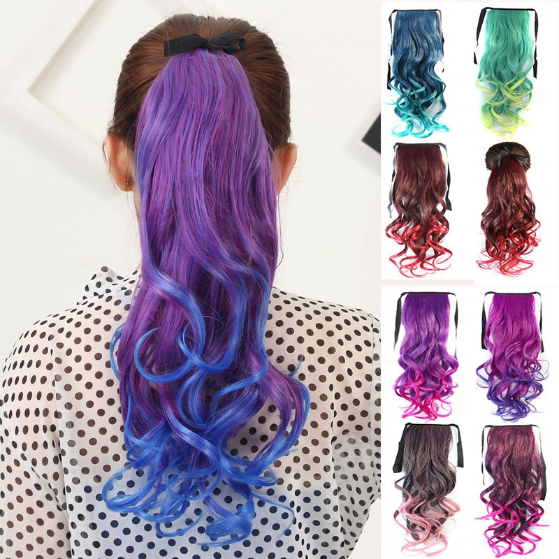 Party Ponytails Wavy Hair Synthetic Peuple Pink Red Ombre Color Cosplay ...