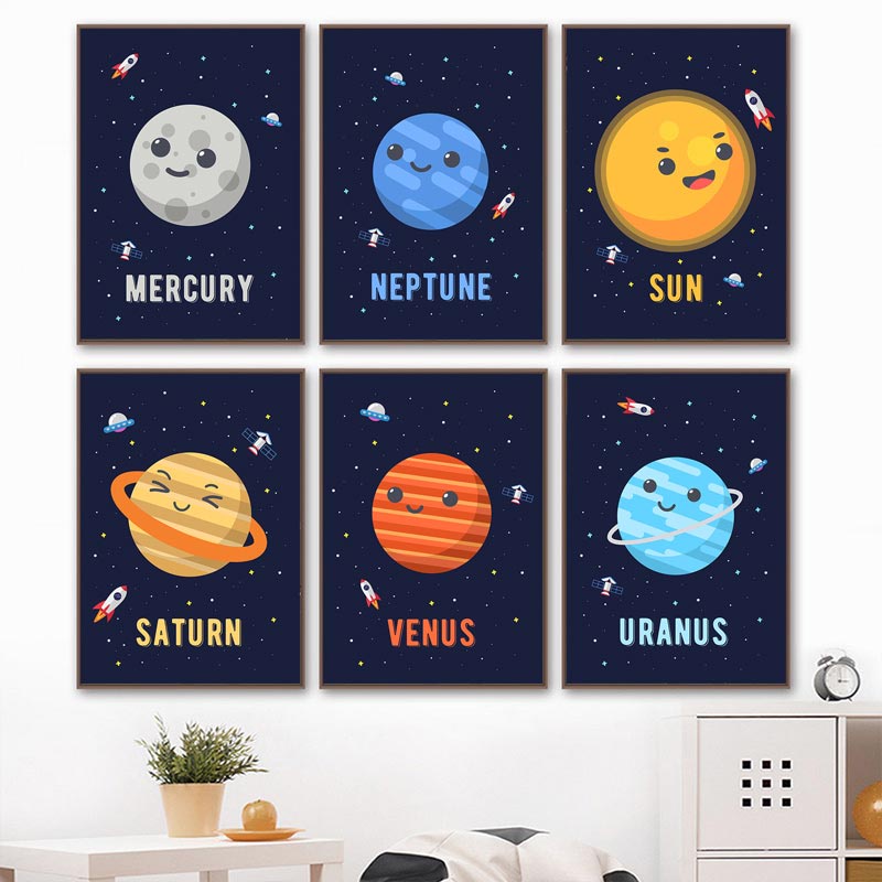 Cartoon Solar System Planet Posters and Prints for Kids Room Wall Art ...