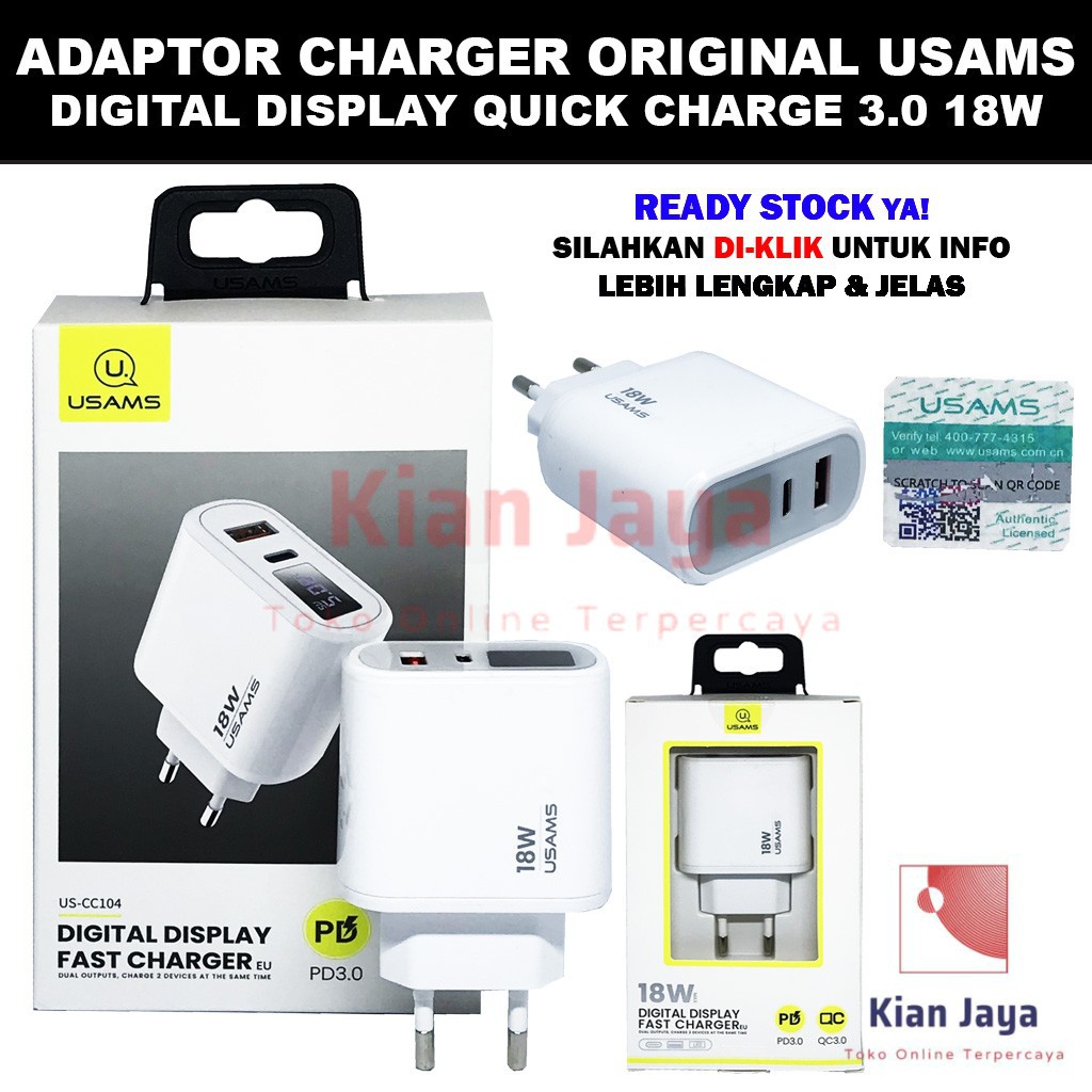 Charger usams Digital Display Fast Charger 18W Dual Output USB+Type C ...