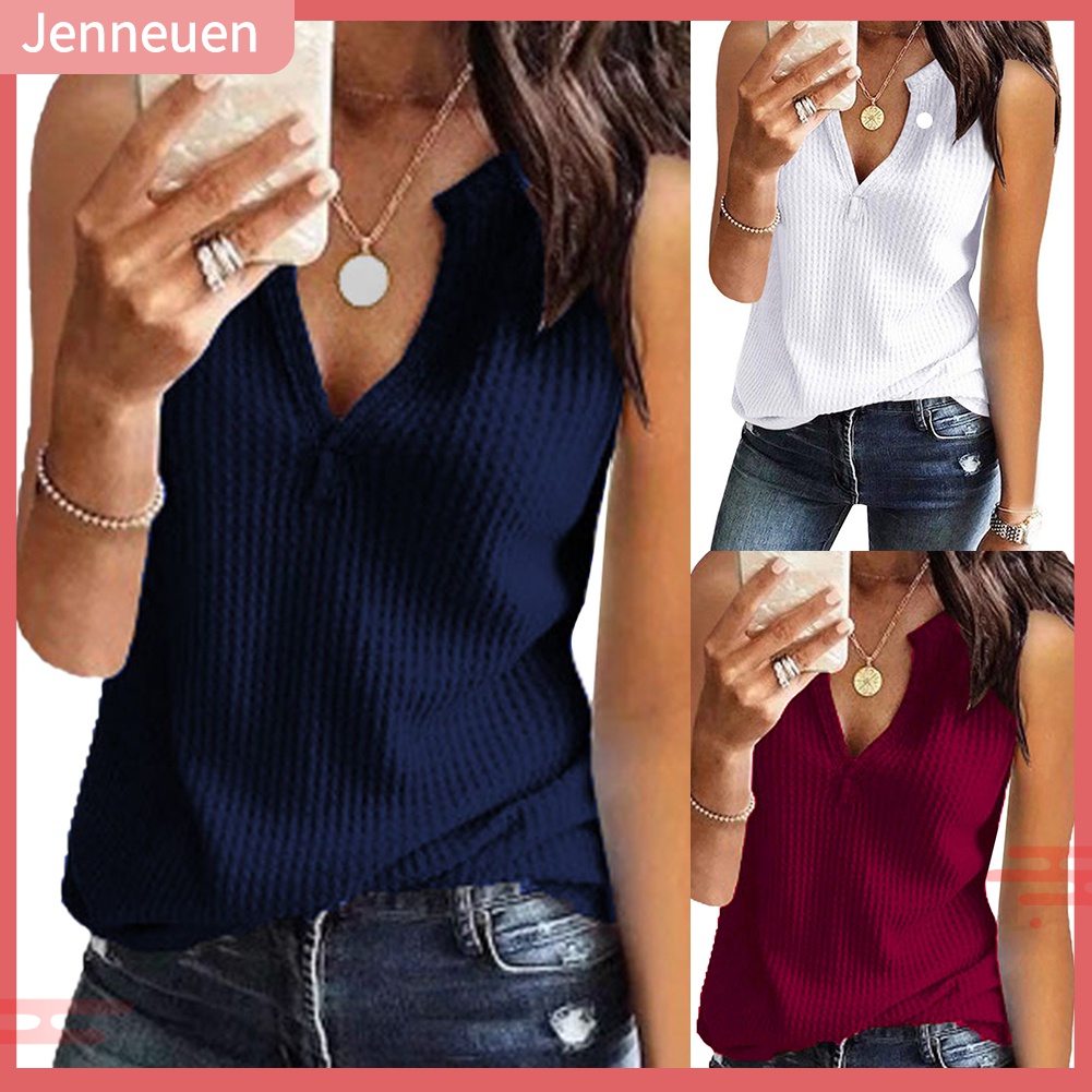 ⚘JNUN⚘Plus Size Women Summer Solid Color V Neck Sleeveless Blouse ...