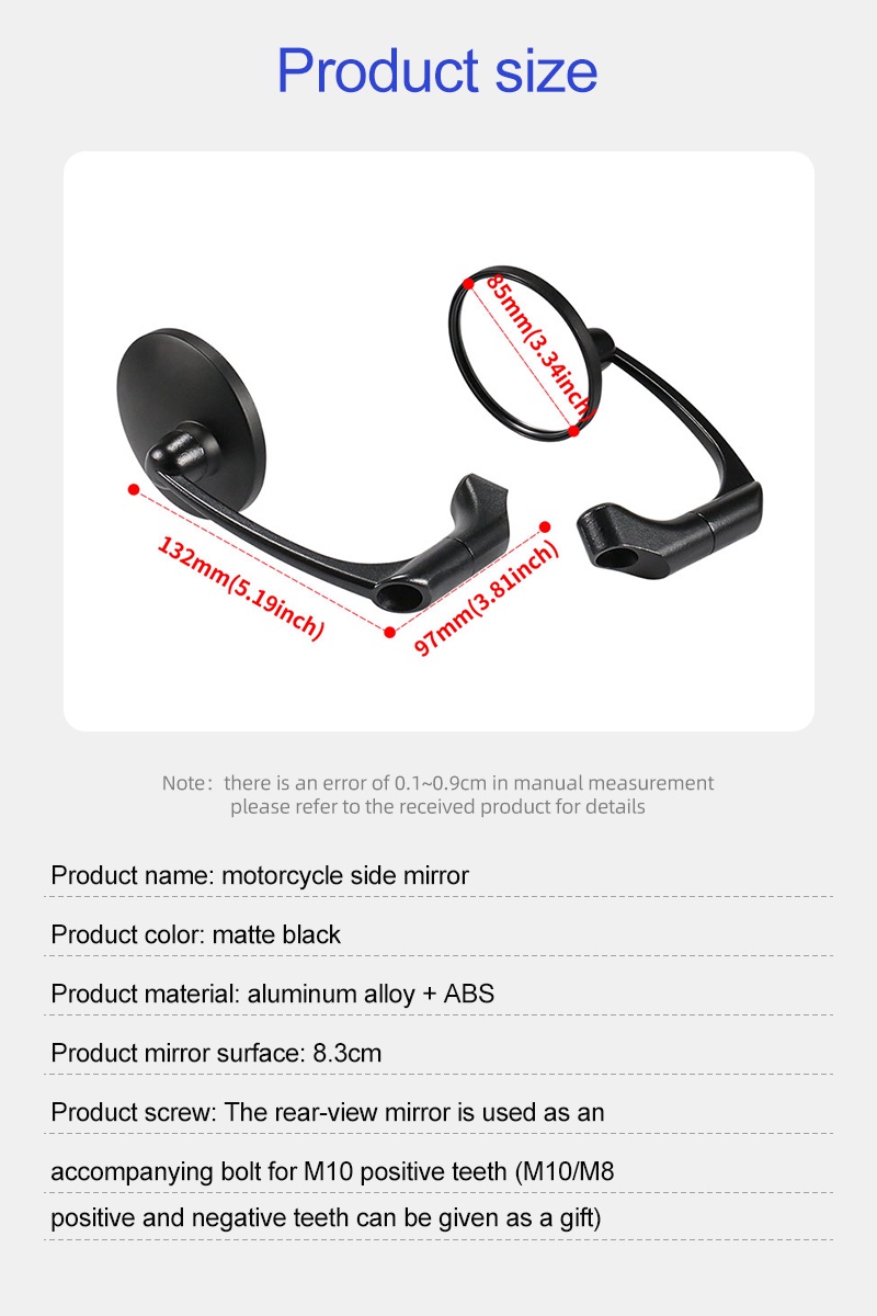 Motorcycle Rearview Side Mirror with 8/10mm Screws Universal Round ...