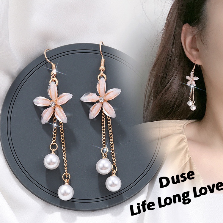 DUSE Korean Fashion Long Tassel Pearl Crystal Five Petal Earrings Multi ...