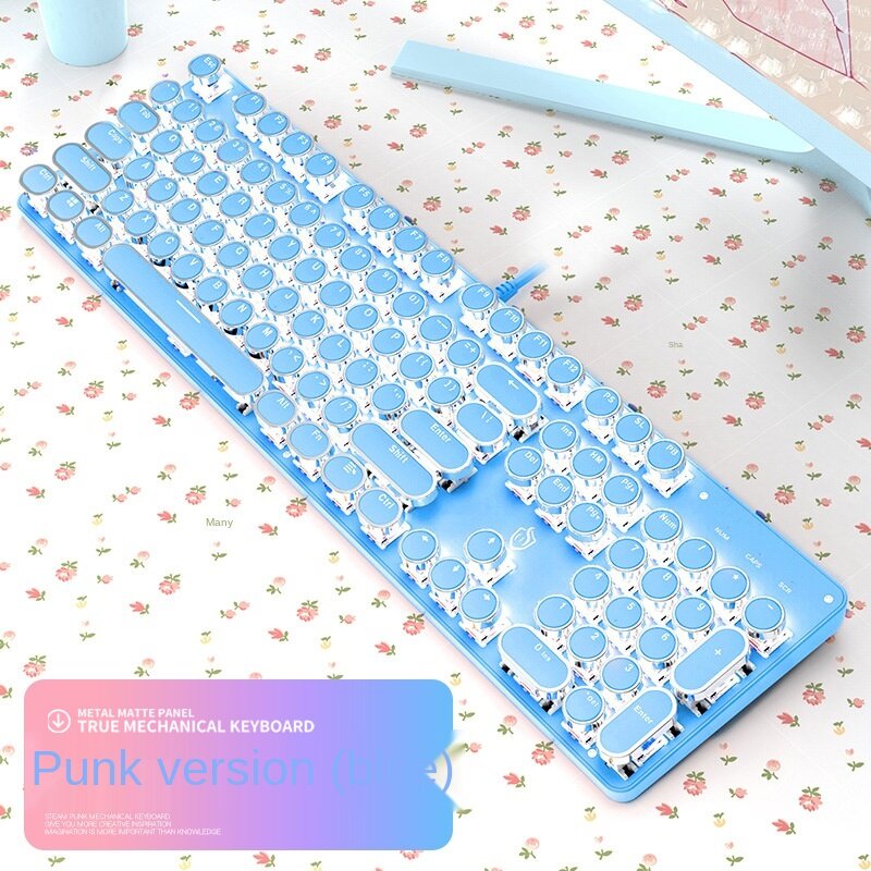 Mechanical keyboard mouse set retro Girl Pink cute green axis round key ...