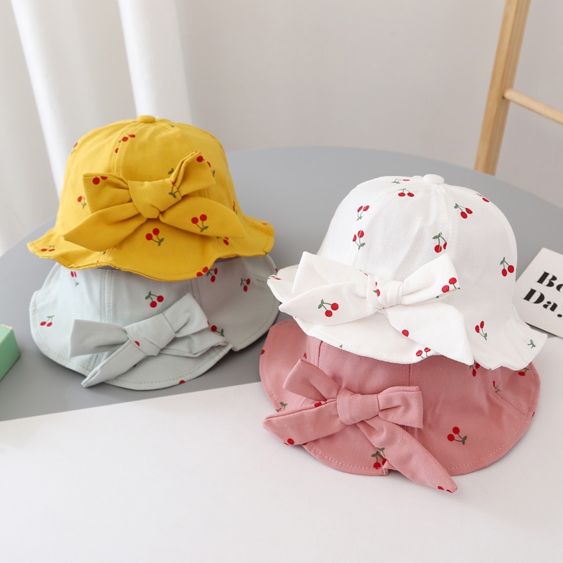 Floral Printed Baby Bucket Hat Cherry Bow Outdoor UV Protection Kids ...