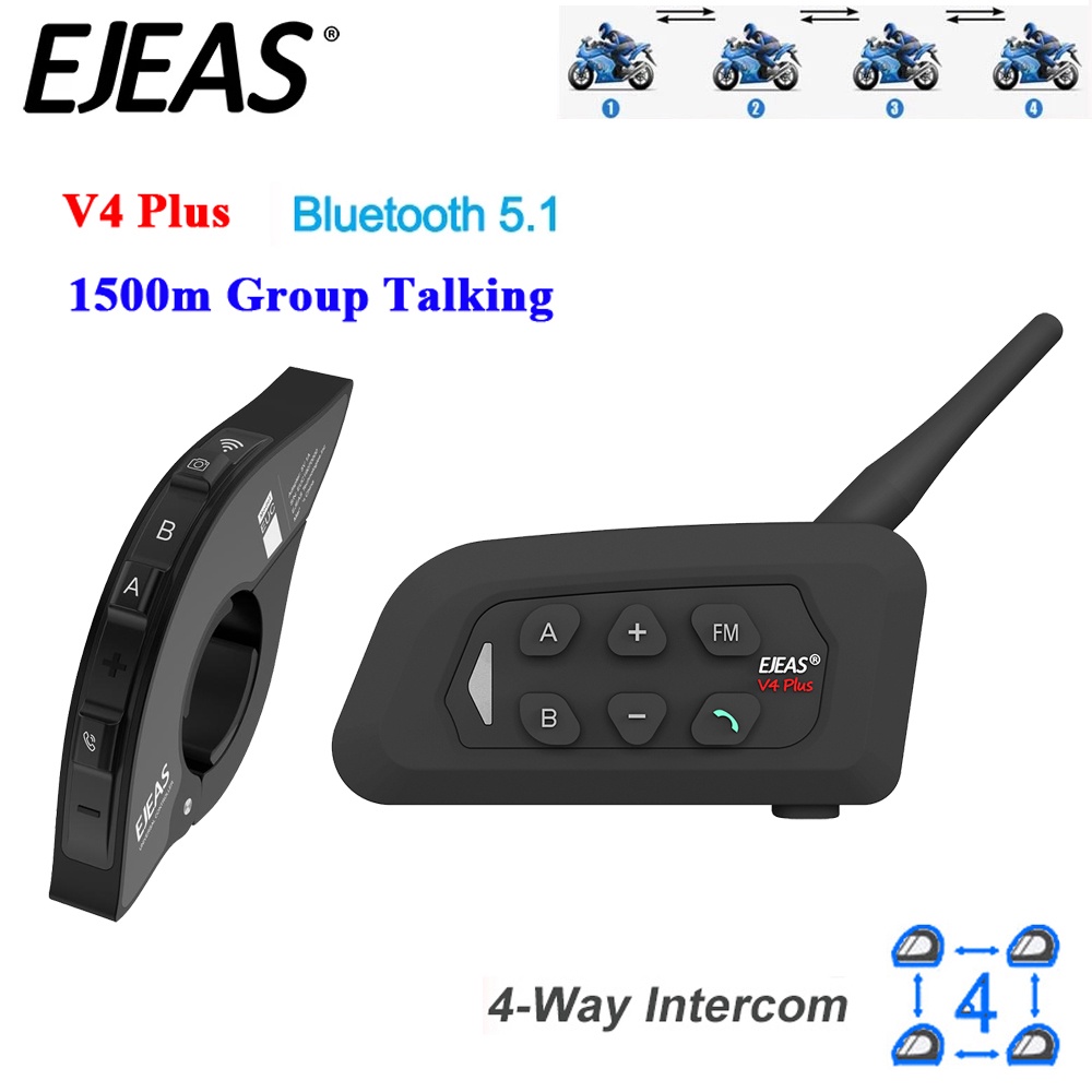 EJEAS V4 Plus Helmet Intercom Motorcycle 4 Riders Group Interphone With ...