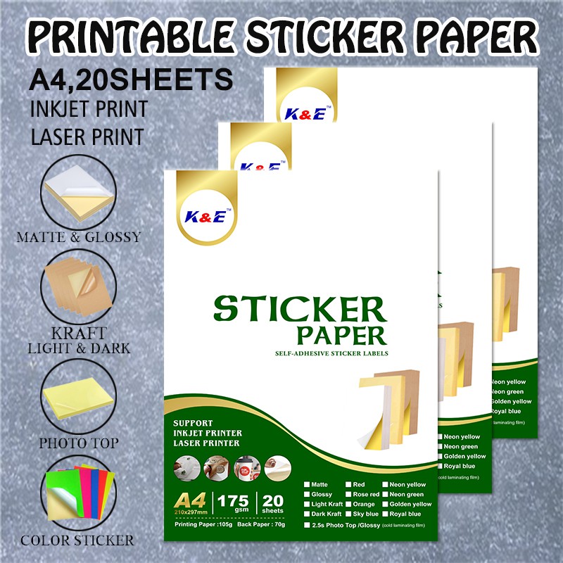 (20pcs)K&E Printable Sticker Paper A4 Label Self-adhesive Inkjet/Laser ...