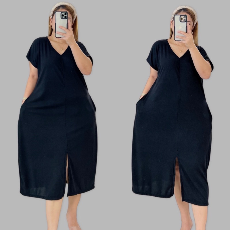 2XL-3XL Plus Size Front Slit Vneck Midi Dress Knit Fabric | Shopee ...