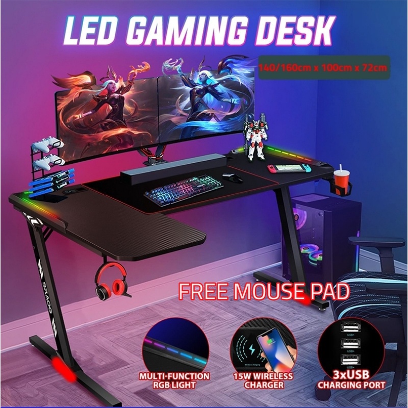 L-SHAPE Esports Gaming Desk Computer Office Racer Table Desktop RGB LED ...